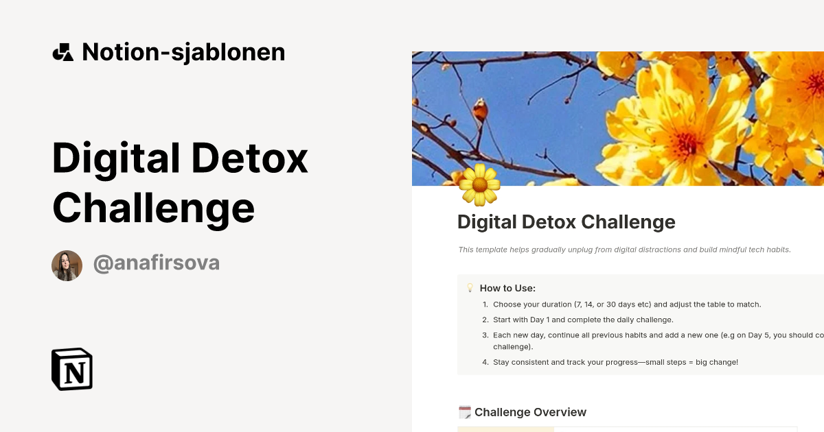 Digital Detox Challenge-sjabloon | Notion Marketplace