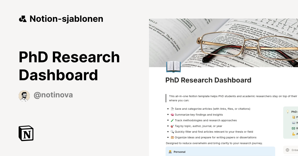 PhD Research Dashboard-sjabloon | Notion Marketplace