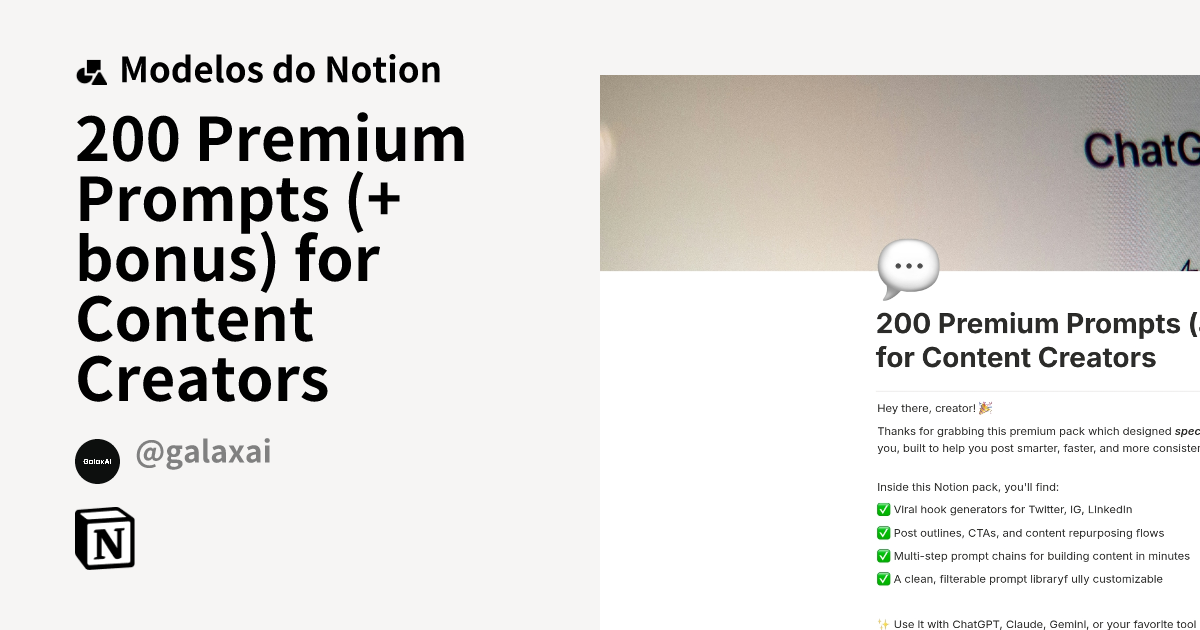 Modelo 200 Premium Prompts (+ bonus) for Content Creators | Marketplace do Notion