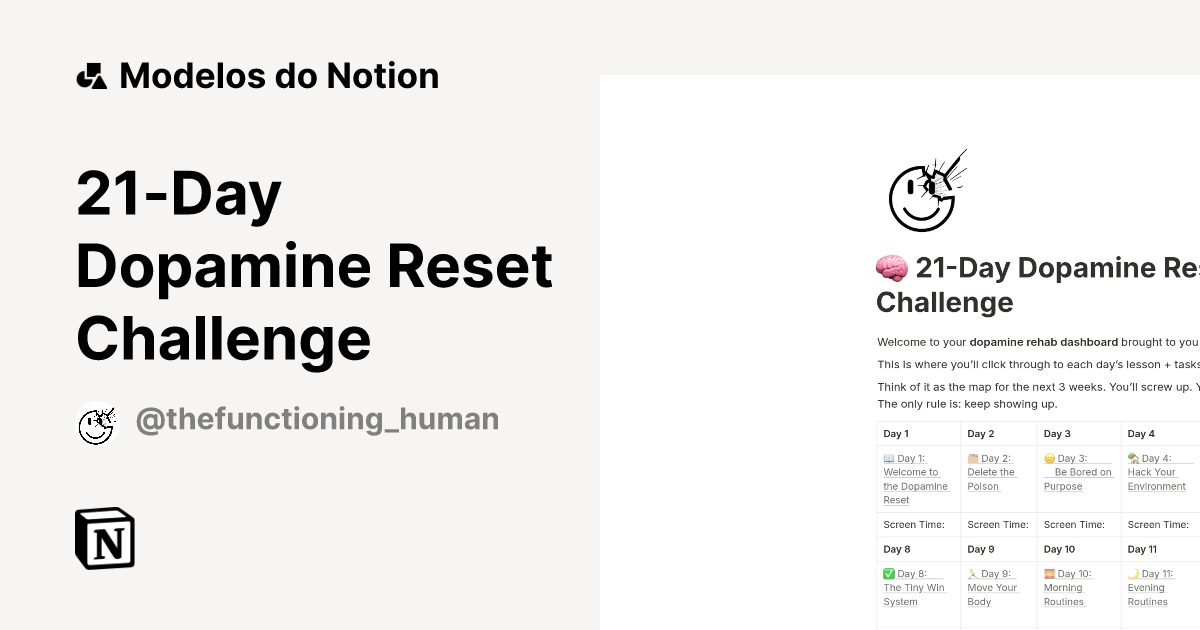 21-Day Dopamine Reset Challenge Modelo por The Functioning Human | Marketplace do Notion