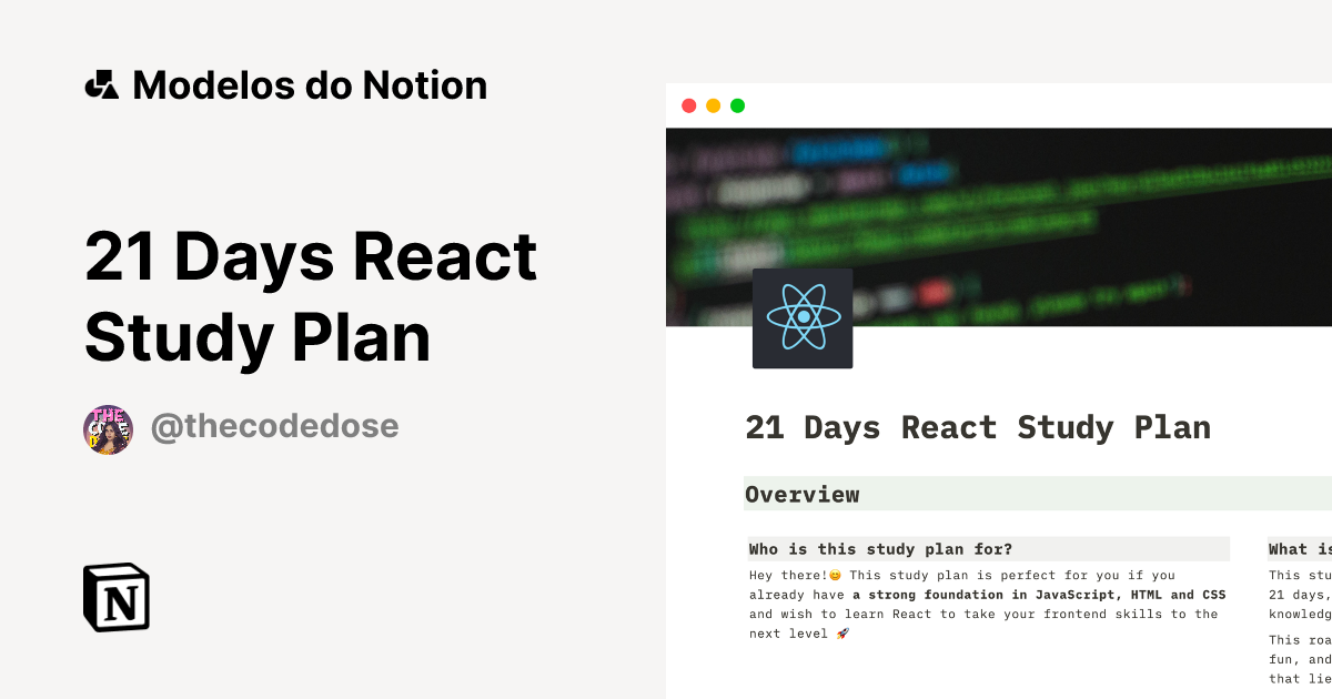 21 Days React Study Plan Modelo por The Code Dose | Marketplace do Notion