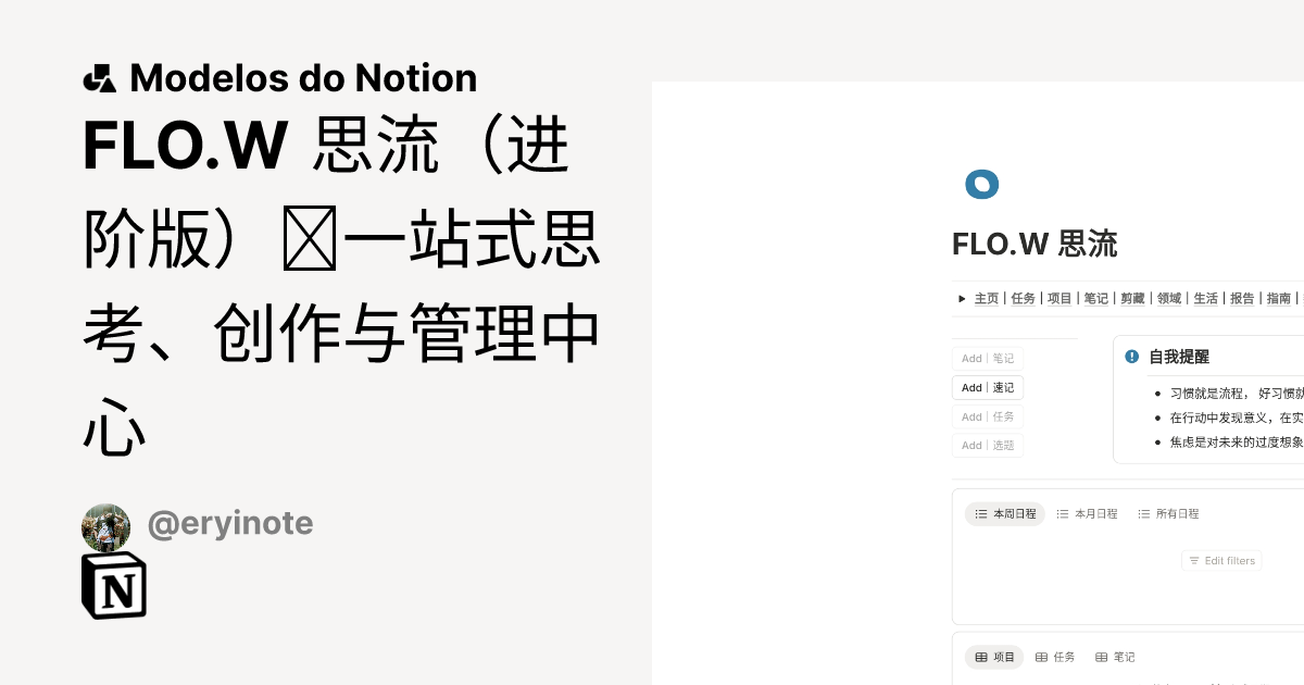 FLO.W 思流（进阶版）｜一站式思考、创作与管理中心 Modelo por 二一的笔记 | Marketplace do Notion