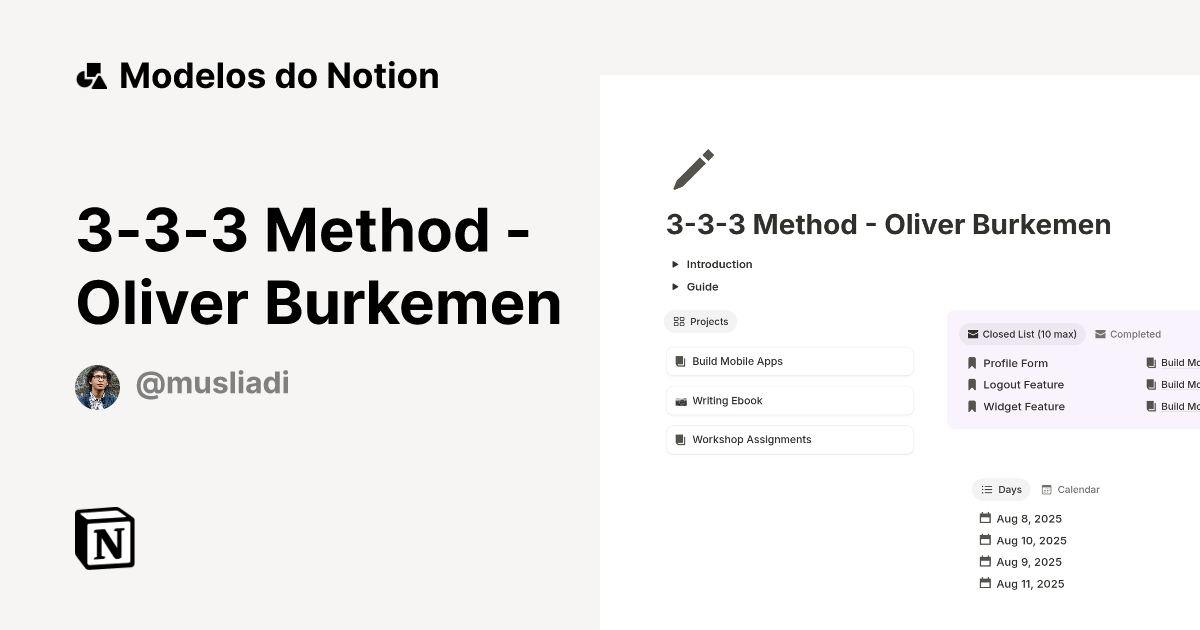 3-3-3 Method - Oliver Burkemen Modelo por Musliadi | Marketplace do Notion