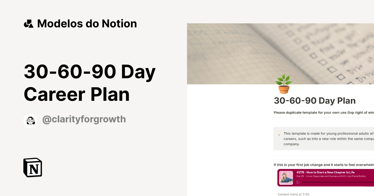 Modelo 30-60-90 Day Career Plan | Marketplace do Notion