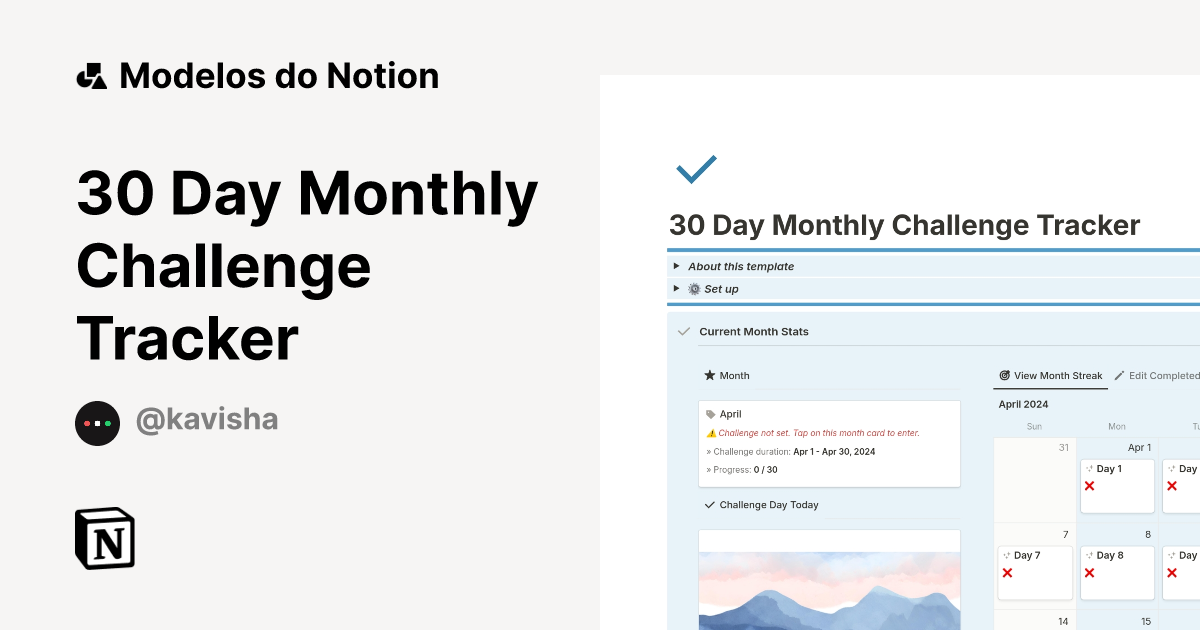 Modelo 30 Day Monthly Challenge Tracker | Marketplace do Notion
