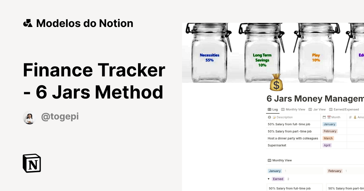 Finance Tracker - 6 Jars Method Modelo por TogepiLinhVuu | Marketplace ...