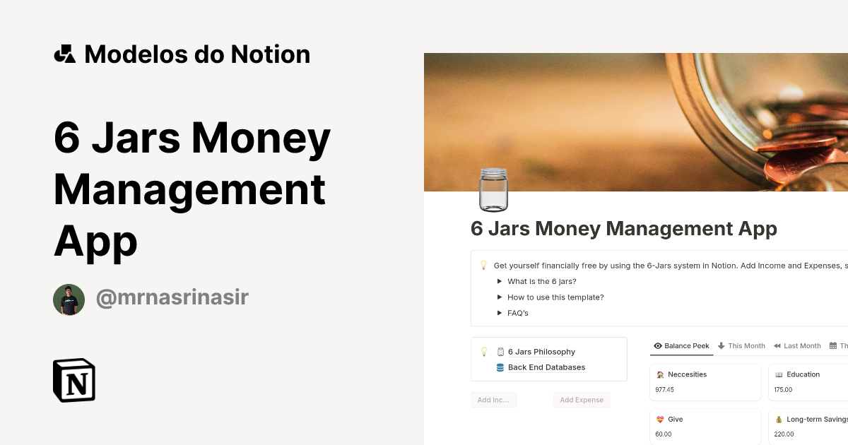 Modelo 6 Jars Money Management App | Marketplace do Notion