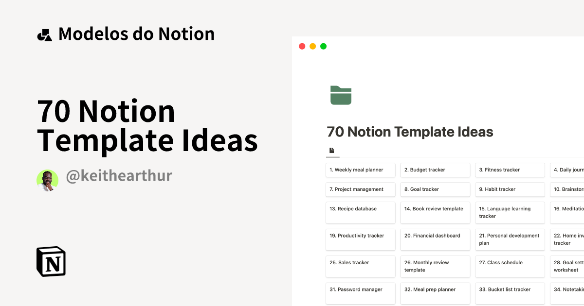 Modelo 70 Notion Template Ideas | Marketplace do Notion
