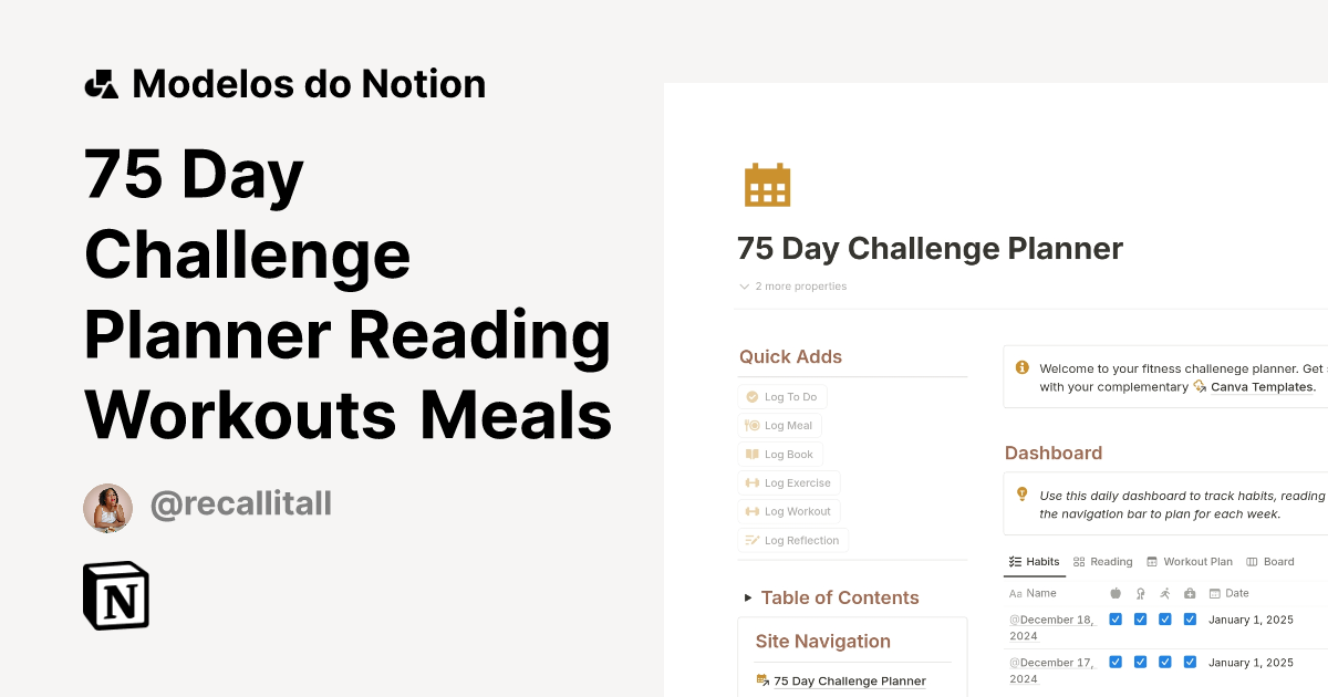 75 Day Challenge Planner Reading Workouts Meals Modelo por Recall It All | Marketplace do Notion