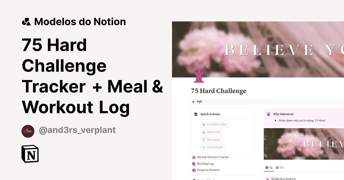 Modelo 75 Hard Challenge Tracker + Meal & Workout Log | Marketplace do Notion