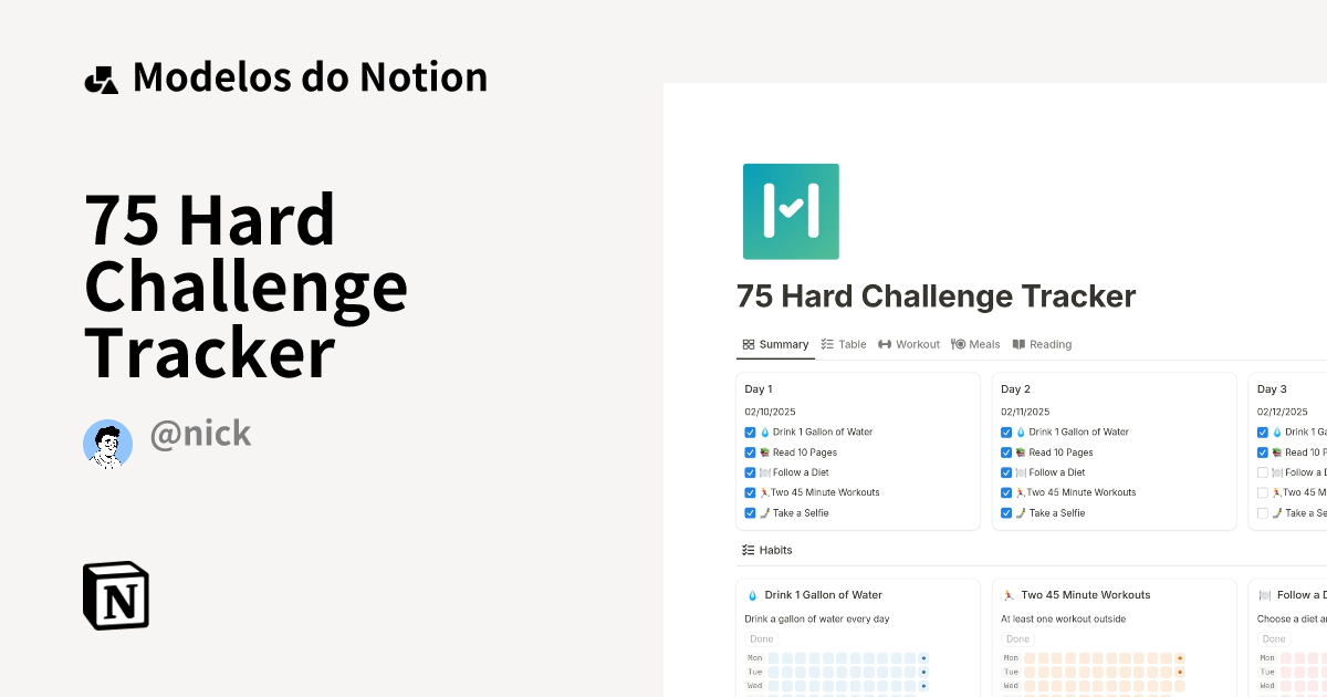 Modelo 75 Hard Challenge Tracker | Marketplace do Notion