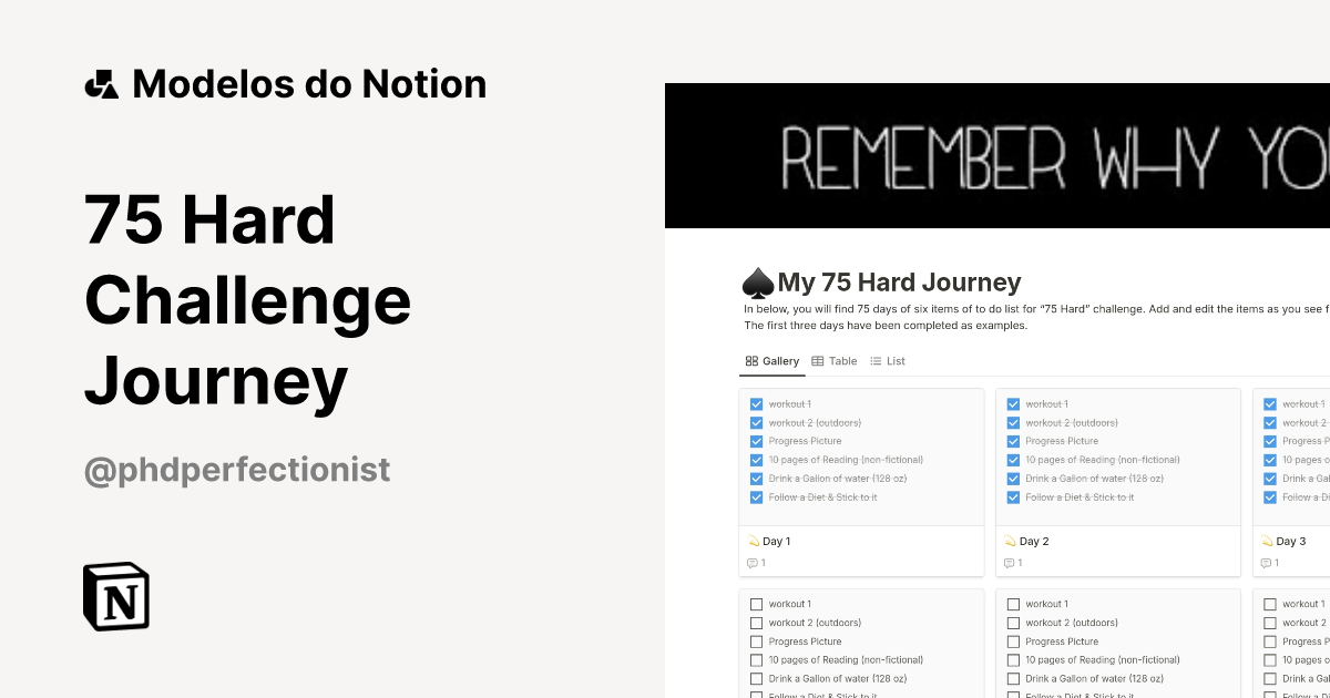 75 Hard Challenge Journey Modelo por PhD Perfect | Marketplace do Notion