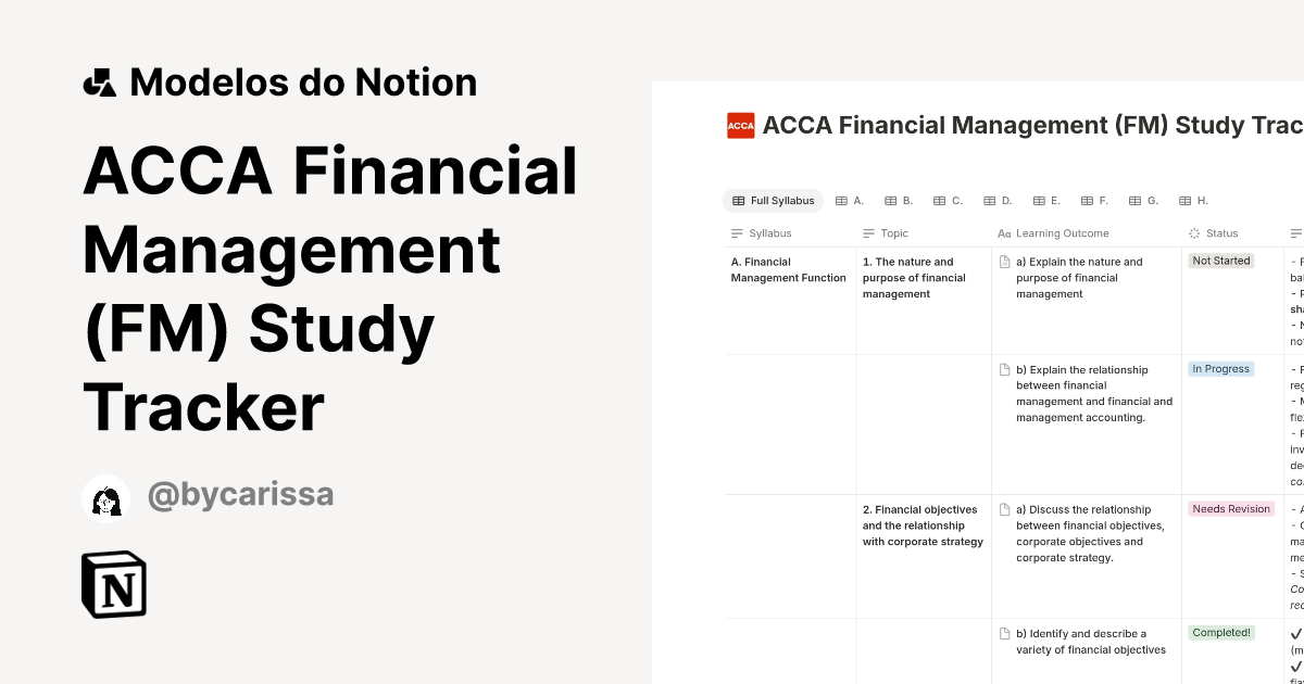 ACCA Financial Management (FM) Study Tracker Modelo por Carissa ...