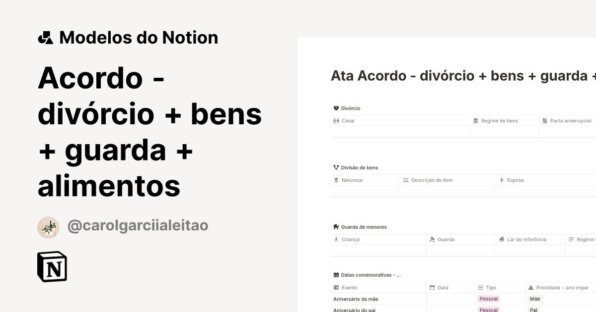 Modelo Acordo - divórcio + bens + guarda + alimentos | Marketplace do Notion