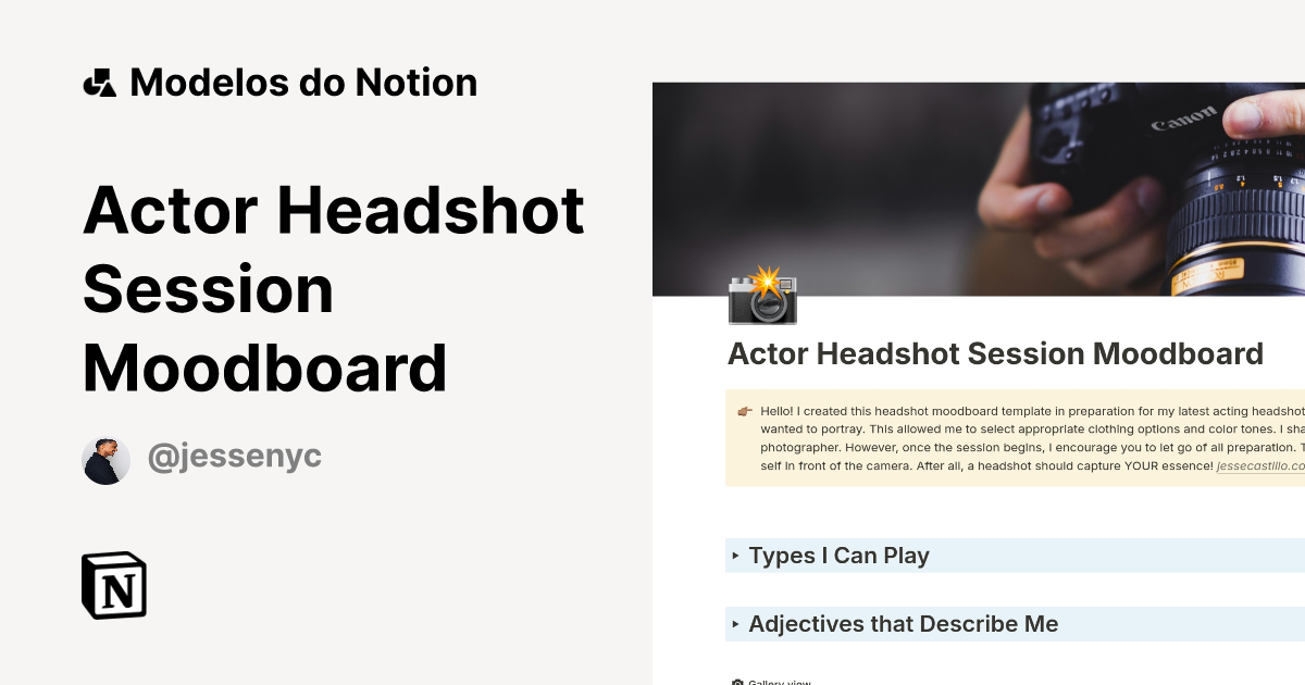 Modelo Actor Headshot Session Moodboard | Marketplace do Notion