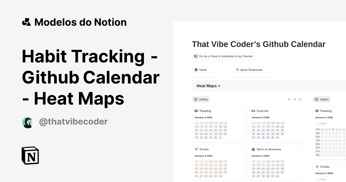Modelo Habit Tracking - Github Calendar - Heat Maps | Marketplace do Notion
