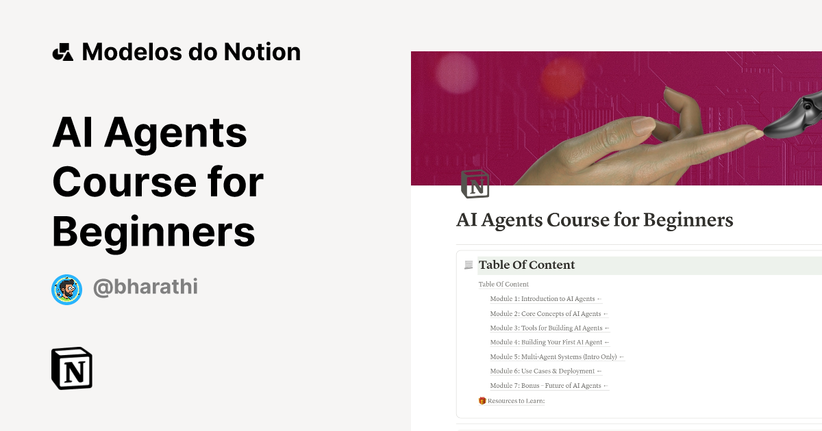 AI Agents Course for Beginners Modelo por Bharathi | Marketplace do Notion