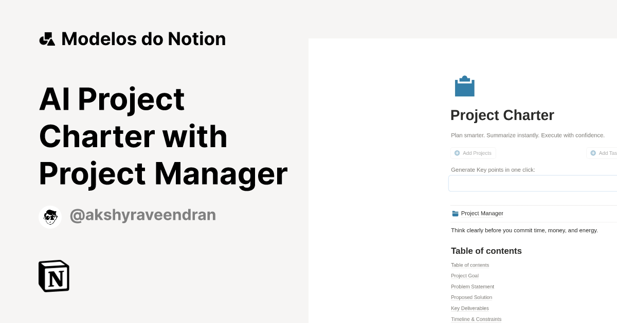 Modelo AI Project Charter with Project Manager | Marketplace do Notion