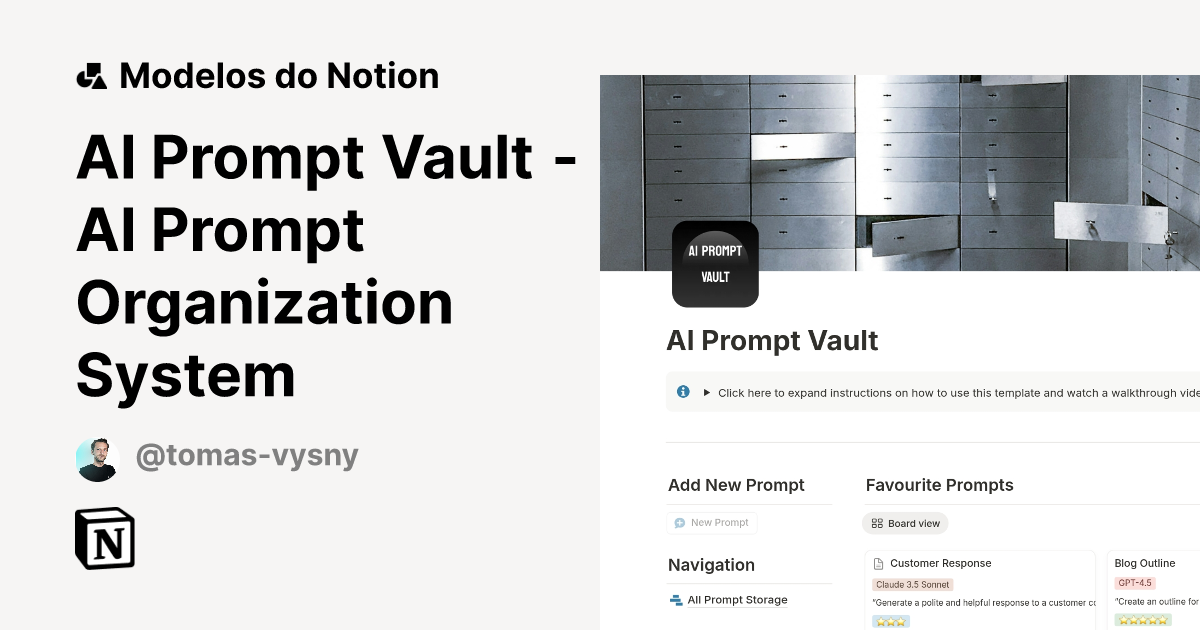 AI Prompt Vault - AI Prompt Organization System Modelo por Tomas Vysny | Marketplace do Notion
