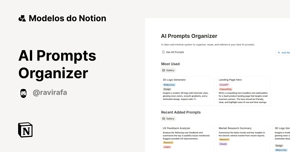 Modelo AI Prompts Organizer | Marketplace do Notion