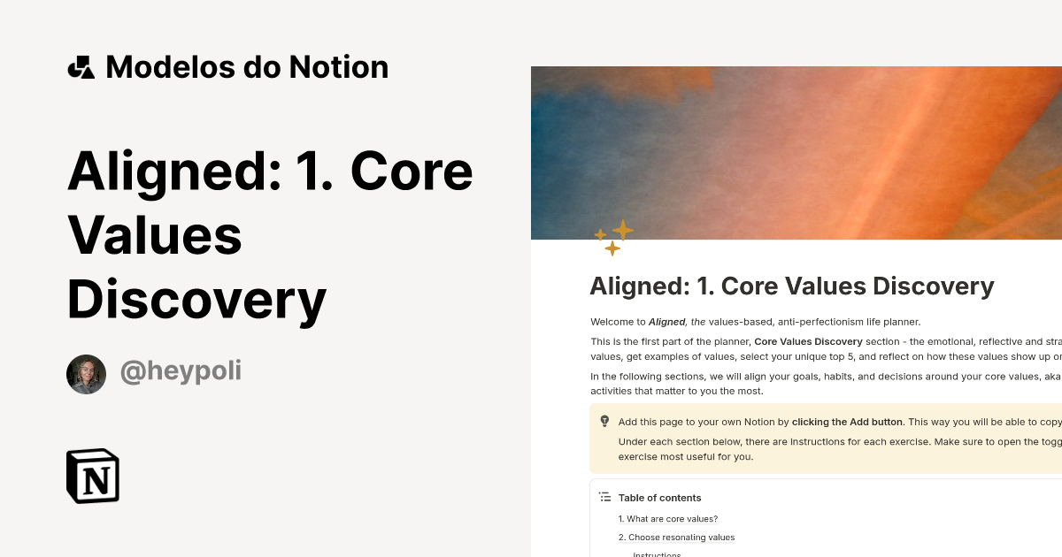 Aligned: 1. Core Values Discovery Modelo por Heypoli.io | Marketplace do Notion