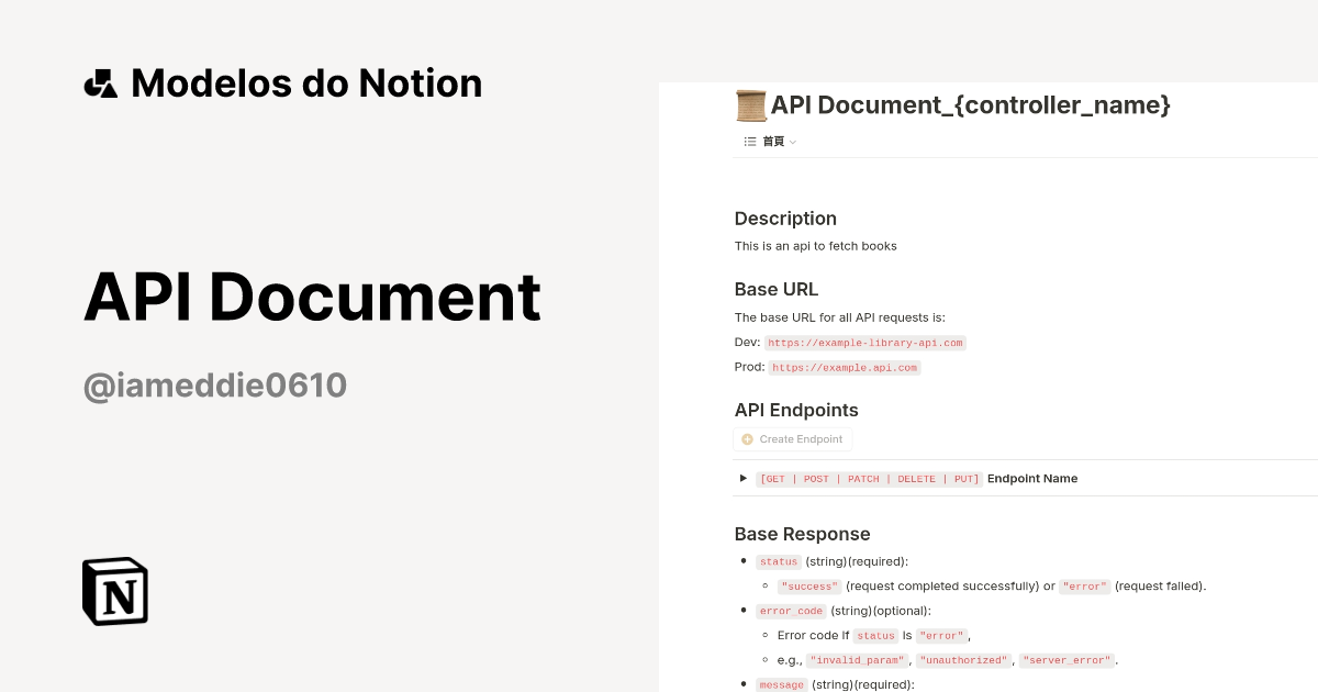 API Document Modelo por Eddie | Marketplace do Notion