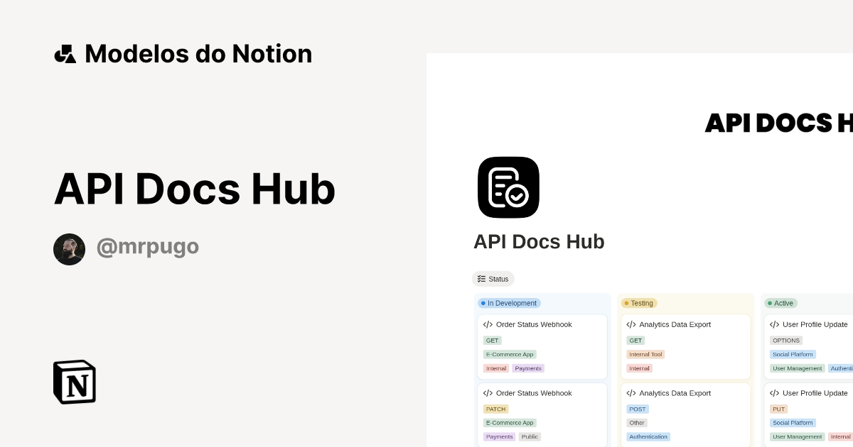 API Docs Hub Modelo por mrpugo | Marketplace do Notion