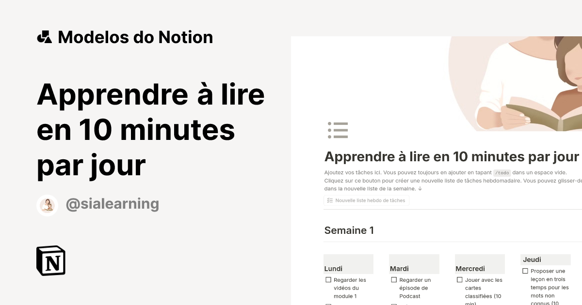Modelo Apprendre à lire en 10 minutes par jour | Marketplace do Notion