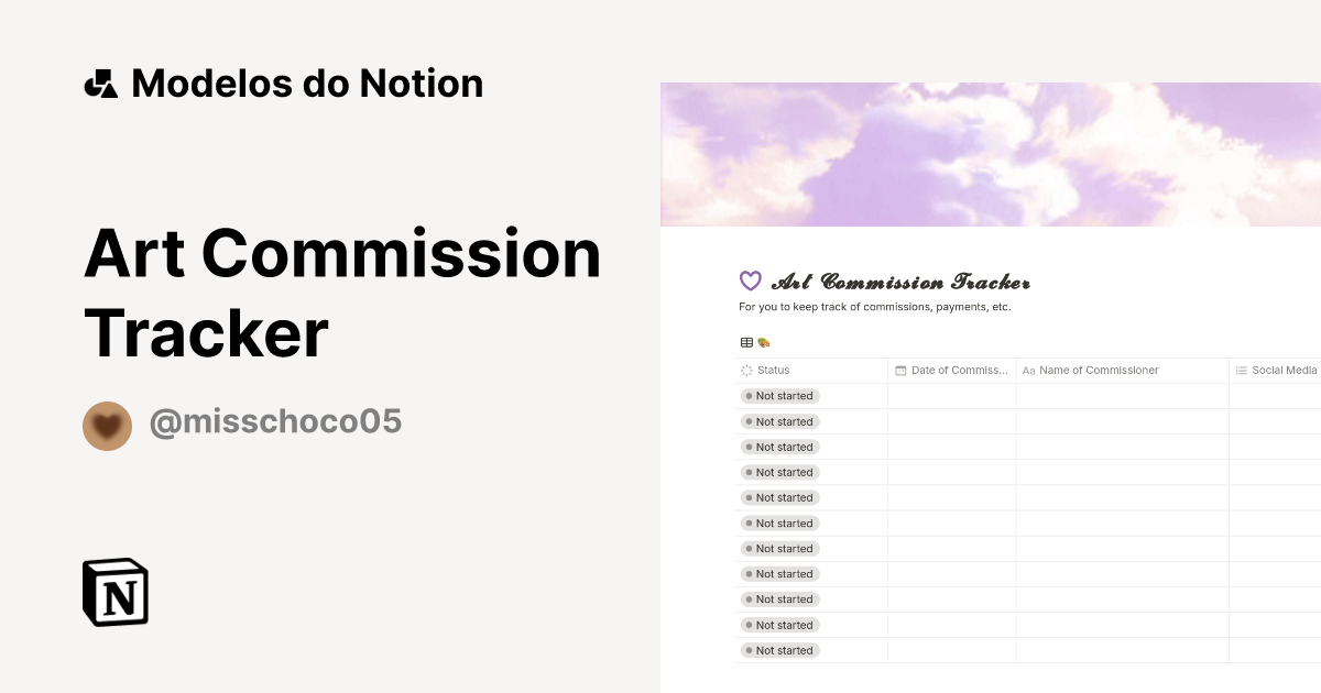 Art Commission Tracker Modelo por Miss Choco | Marketplace do Notion