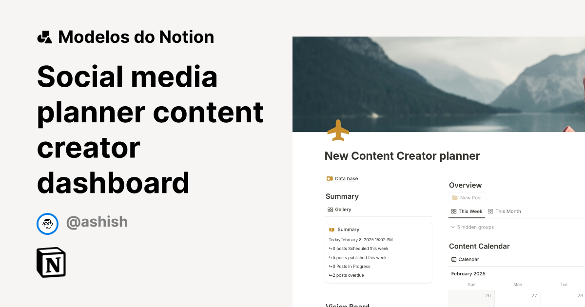 Social media planner content creator dashboard Modelo por ashish | Marketplace do Notion