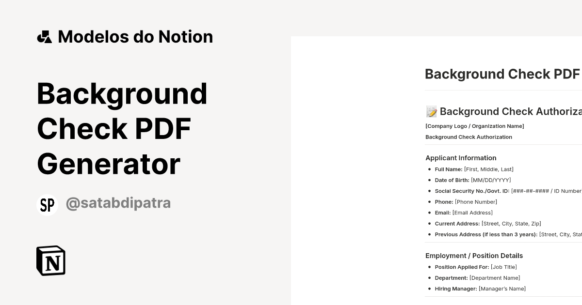 Background Check PDF Generator Modelo por Satabdi Patra | Marketplace do Notion