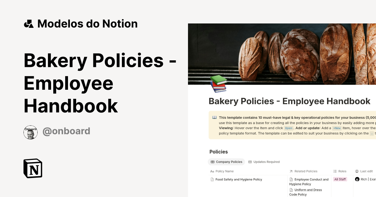 Modelo Bakery Policies - Employee Handbook | Marketplace do Notion