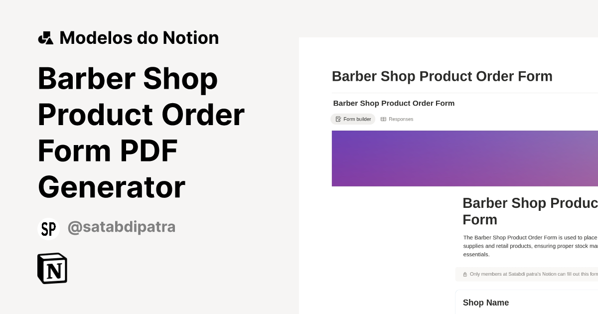Modelo Barber Shop Product Order Form PDF Generator | Marketplace do Notion