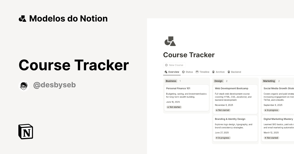 Course Tracker Modelo por desbyseb | Marketplace do Notion
