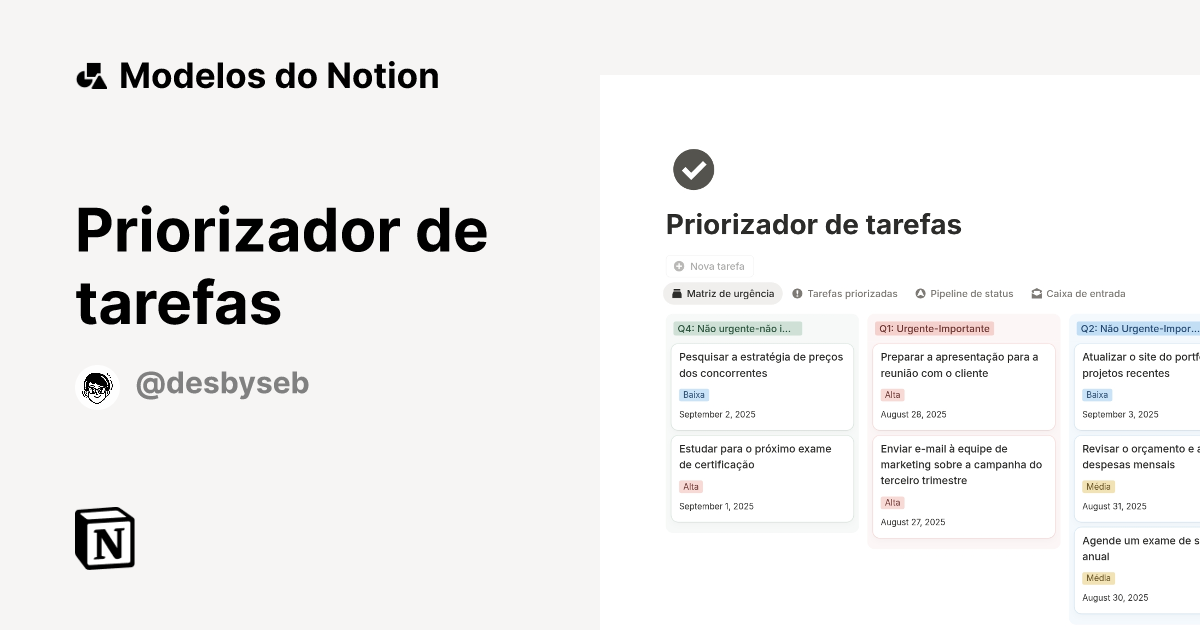 Priorizador de tarefas Modelo por desbyseb | Marketplace do Notion