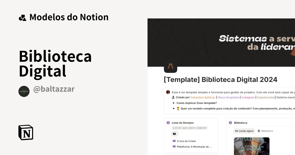 Modelo Biblioteca Digital | Marketplace do Notion