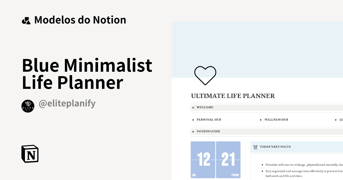 Blue Minimalist Life Planner Modelo por Elite Planify | Marketplace do Notion