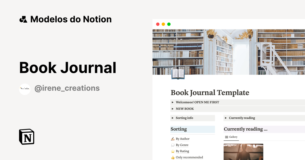 Book Journal Modelo por Irene' Creations | Marketplace do Notion
