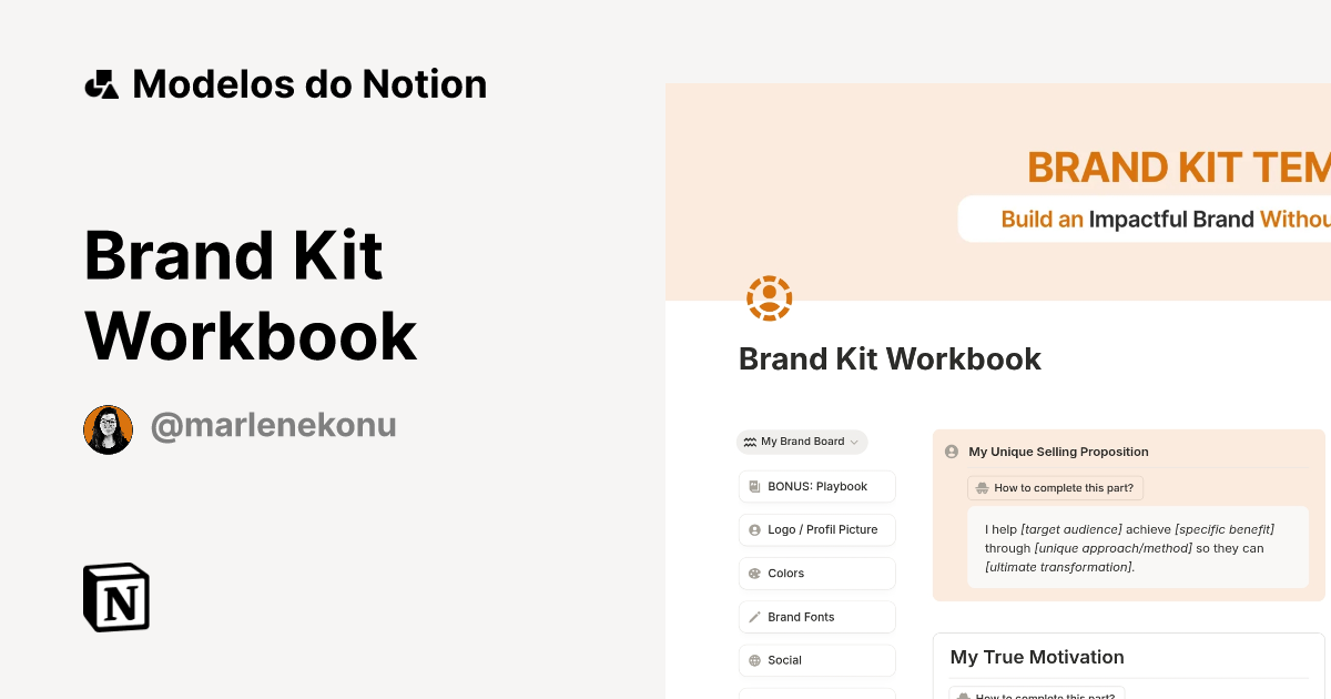 Brand Kit Workbook Modelo por Marlene Konu | Marketplace do Notion