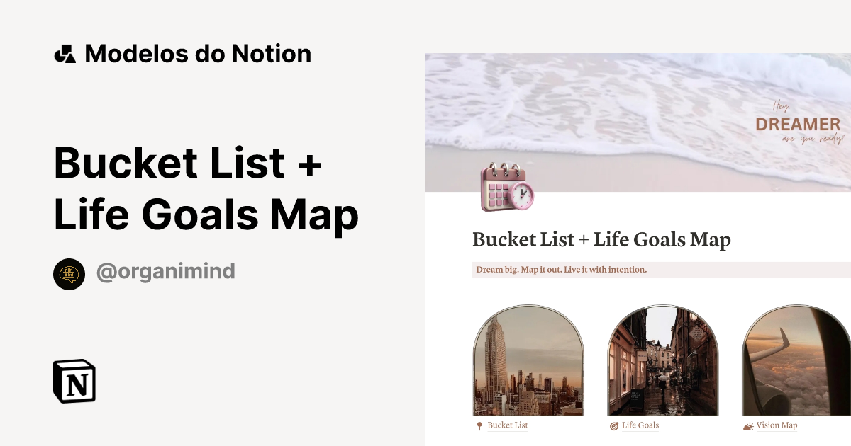Bucket List + Life Goals Map Modelo por OrganiMind | Marketplace do Notion