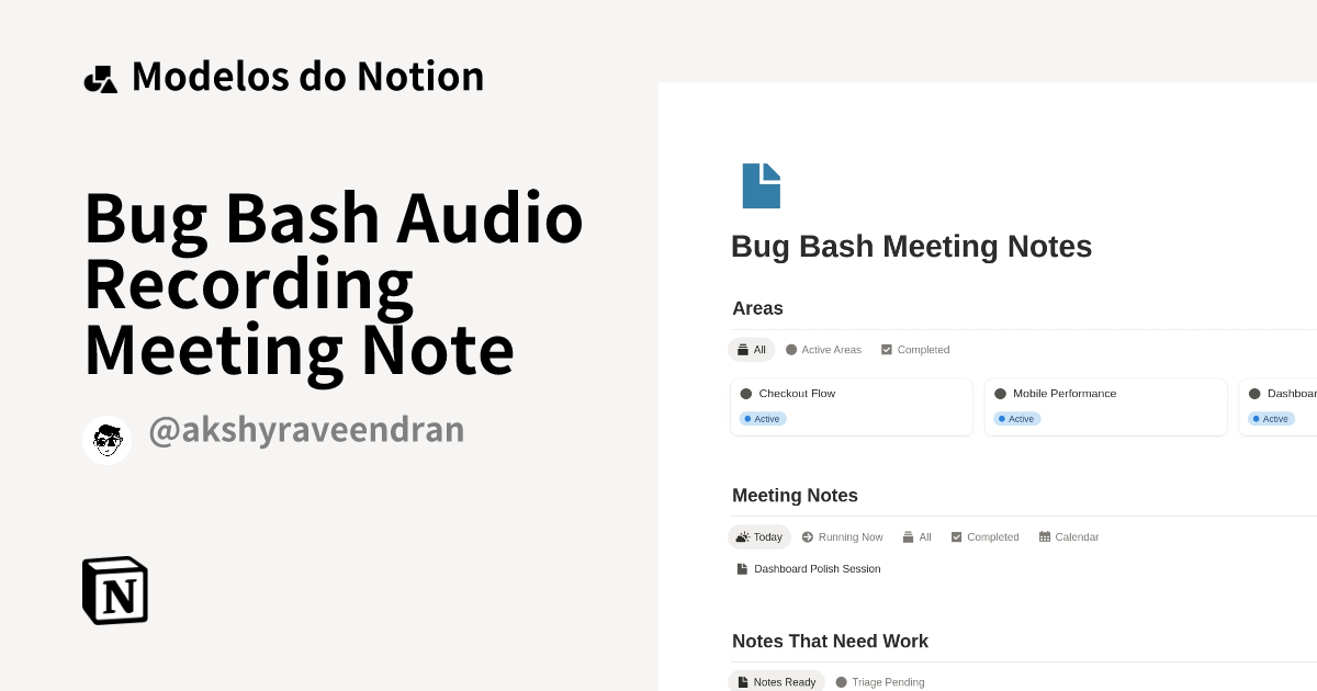 Modelo Bug Bash Audio Recording Meeting Note | Marketplace do Notion