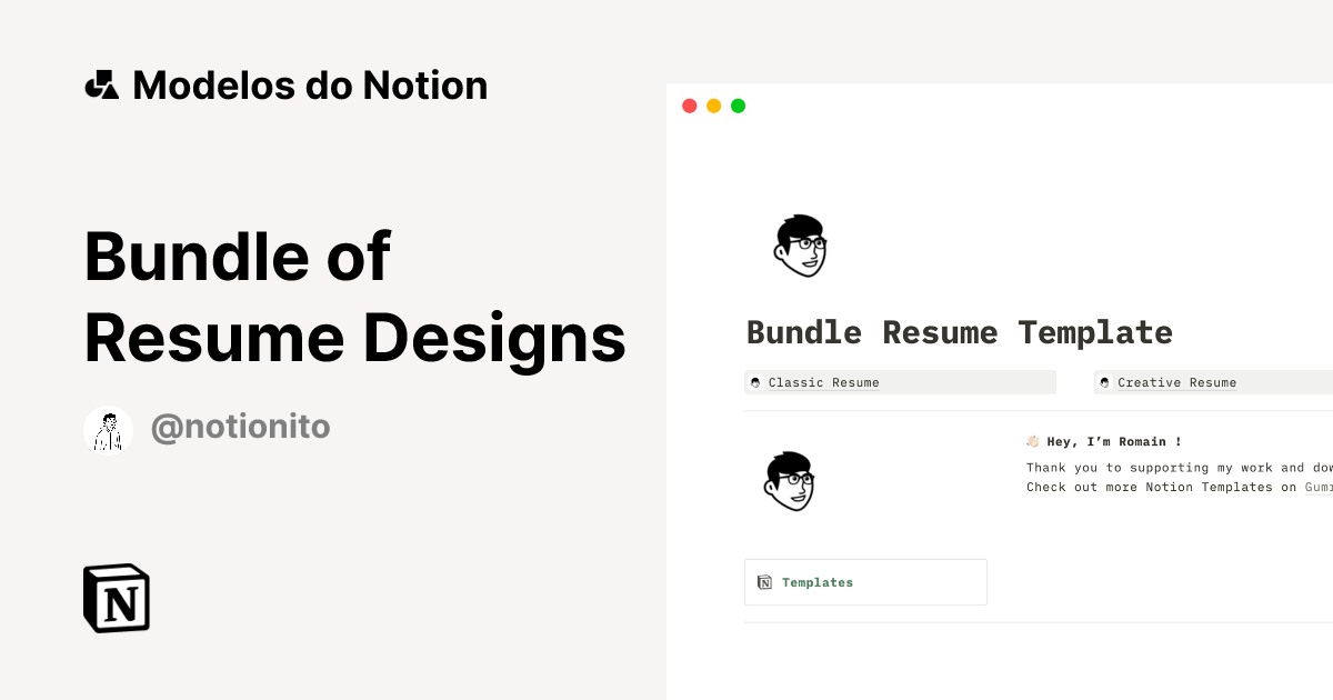 Bundle of Resume Designs Modelo por Notionito | Marketplace do Notion