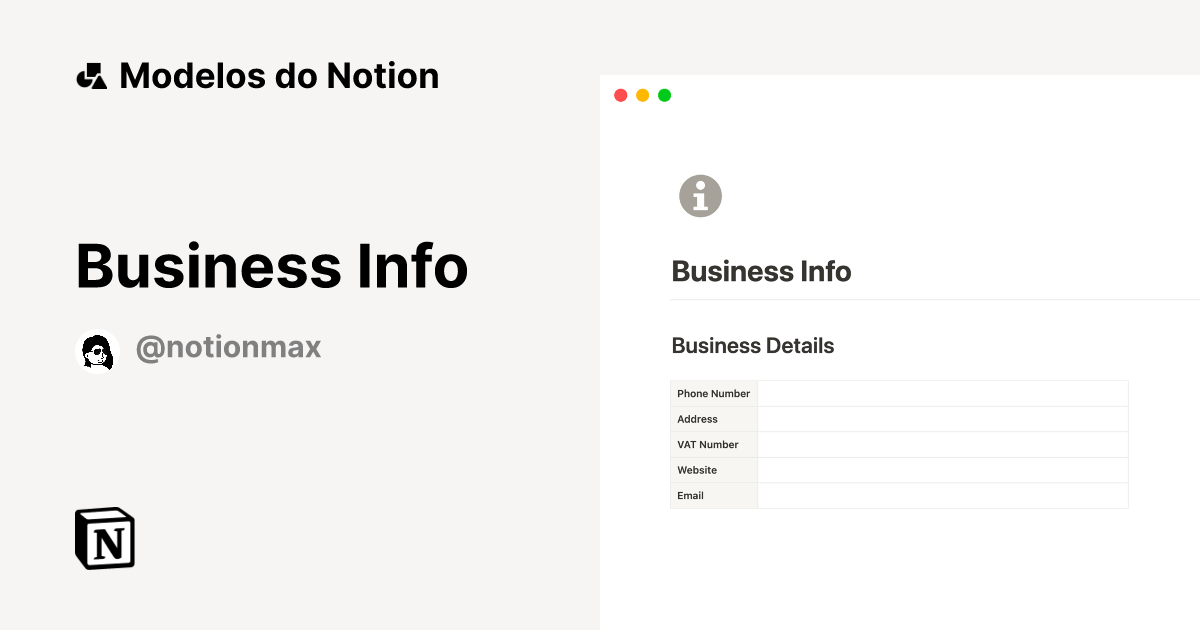 Business Info Modelo por Notionmax | Marketplace do Notion
