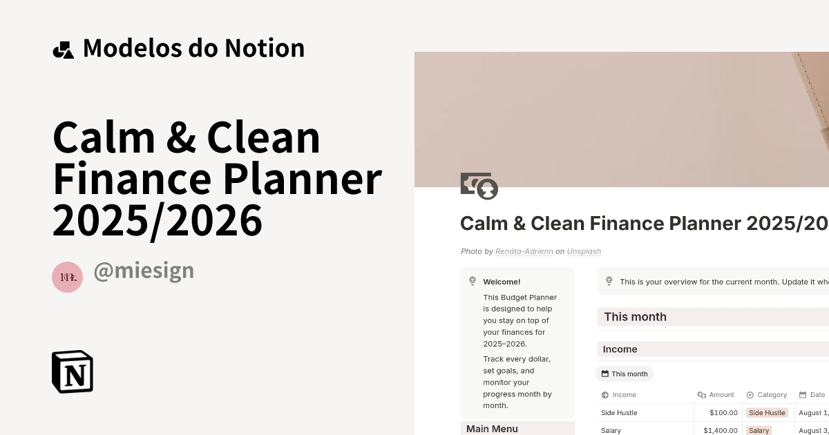 Modelo Calm & Clean Finance Planner 2025/2026 | Marketplace do Notion