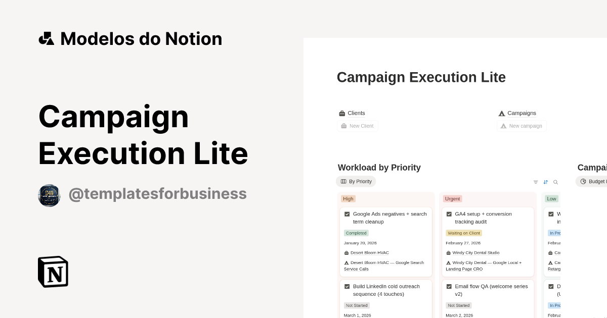 Modelo Campaign Execution Lite | Marketplace do Notion