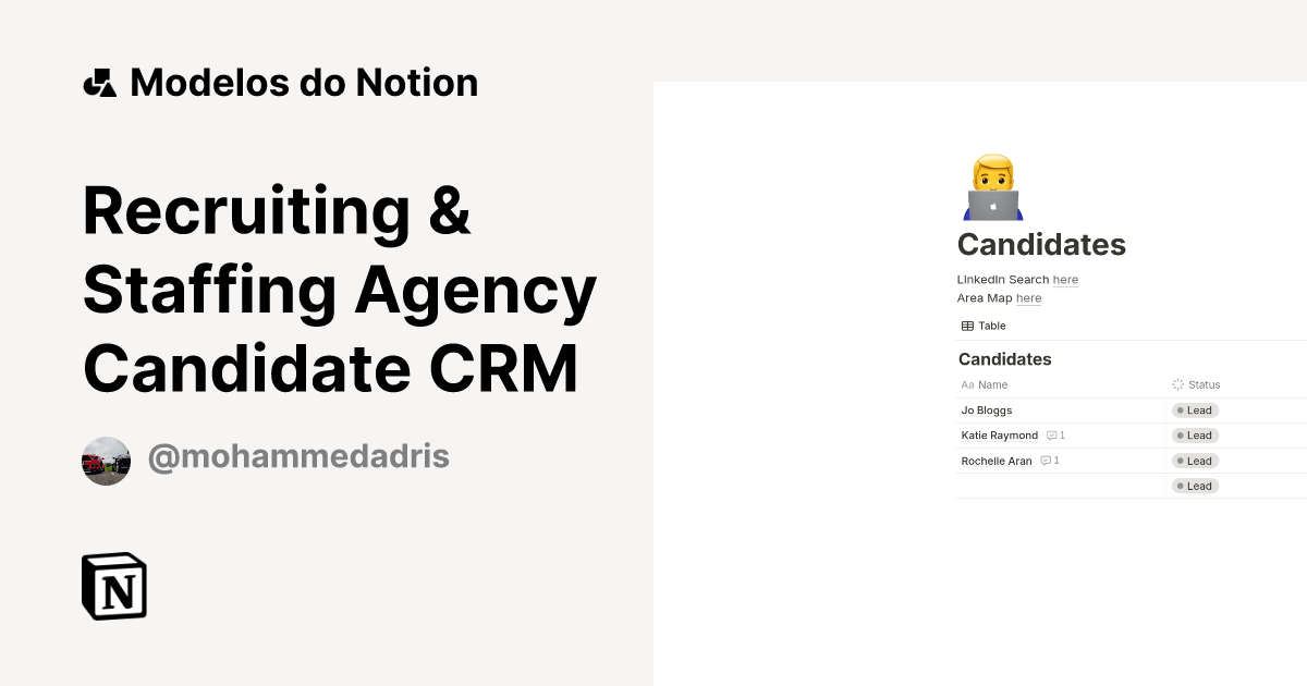 Modelo Recruiting & Staffing Agency Candidate CRM | Marketplace do Notion