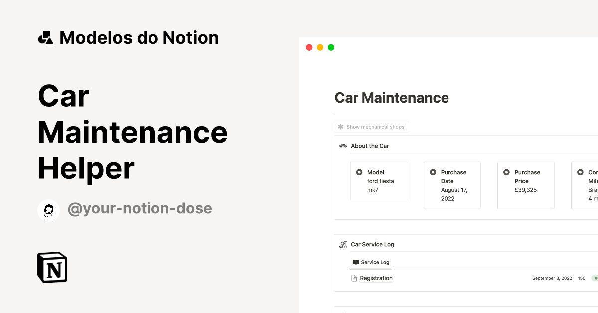 Car Maintenance Helper Modelo por Your Notion Dose | Marketplace do Notion