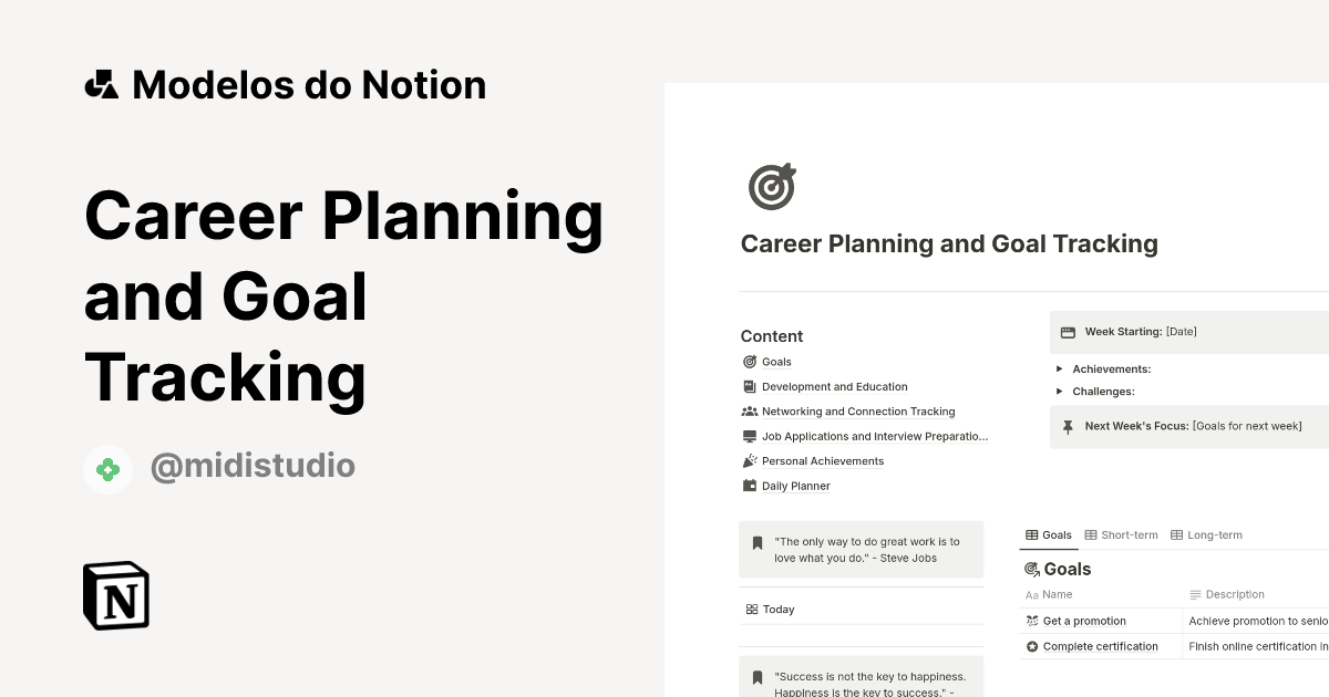 Modelo Career Planning and Goal Tracking | Marketplace do Notion