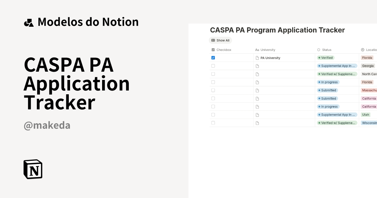 CASPA PA Application Tracker Modelo por makeda | Marketplace do Notion