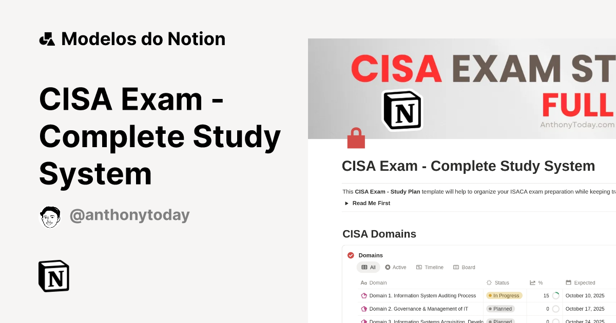 CISA Exam Study Plan Modelo por AnthonyToday | Marketplace do Notion